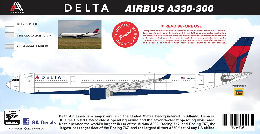 8aDecs.::.Decals Catalogue DELTA AIRBUS A330-300 1/144 DECALSET
