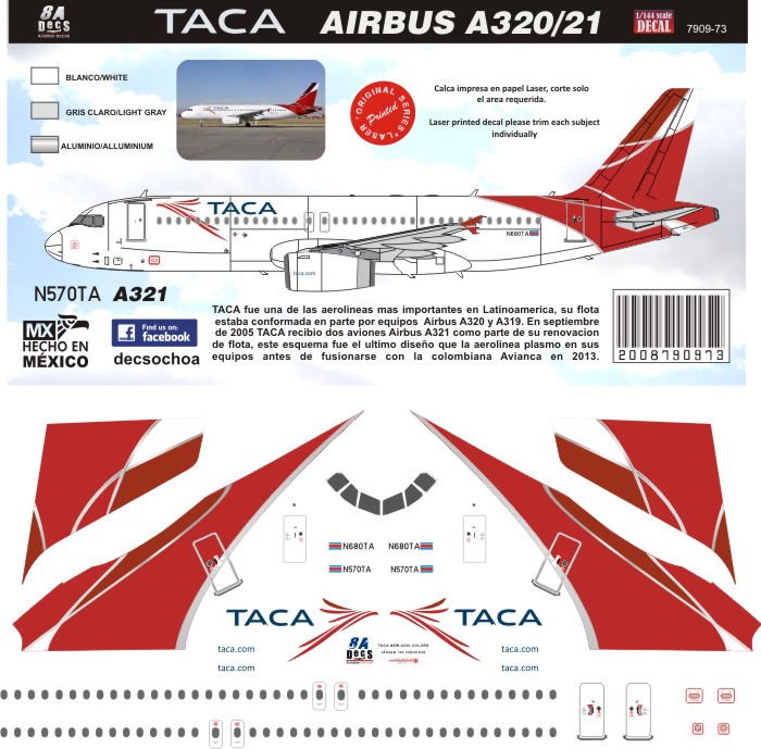 8aDecs.::.Decals Catalogue TACA 2010 AIRBUS A320 DECALSET